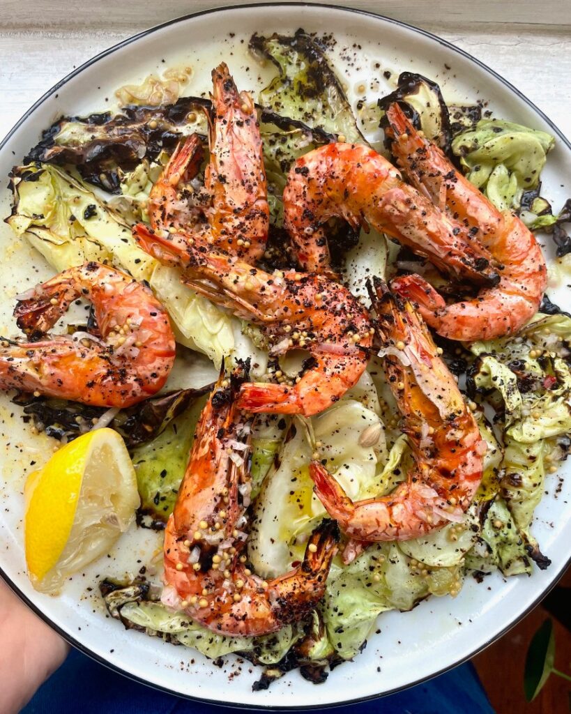 Charred Sweetheart Cabbage with Prawns and a Pickle Brine Dressing ...